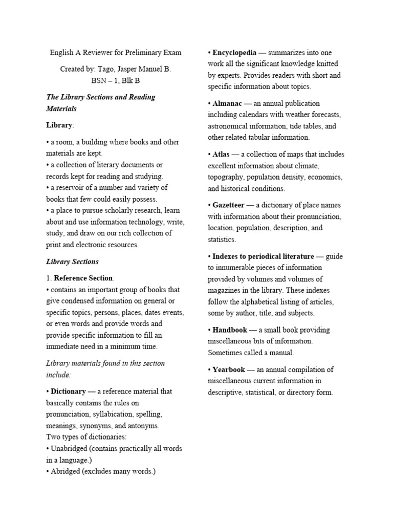 English A Reviewer For Preliminary Exam | PDF | Books | Libraries