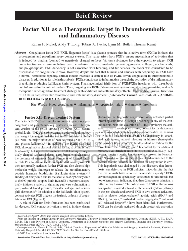 Factor XII As A Therapeutic Target in Thromboembolic | Download Free ...