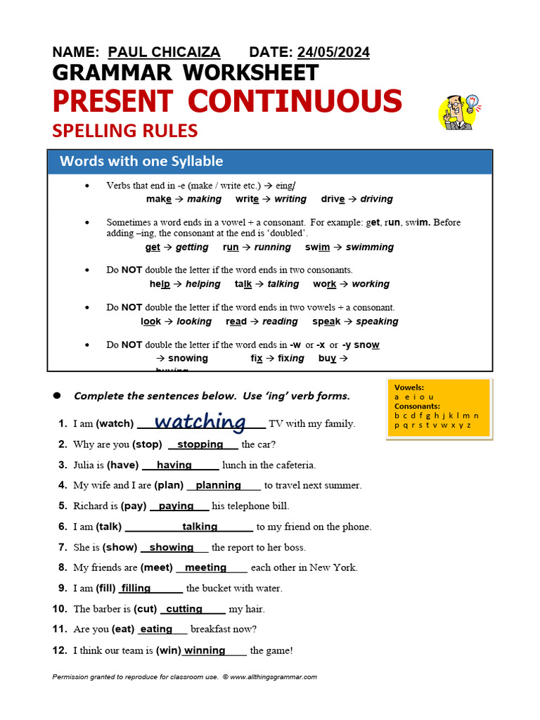 Class Work Present Continuous | PDF | Consonant | Word