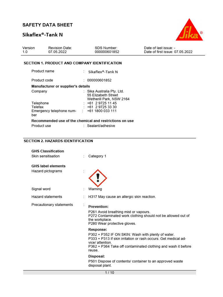 Sikaflex Tank N sds | PDF | Toxicity | Dangerous Goods