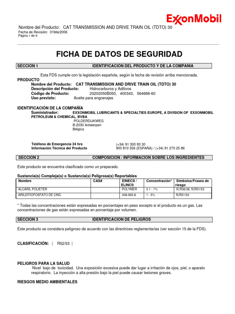 ALM-024. MSDS Aceite Transmision CAT TDTO 30 | PDF | Ventilación ...