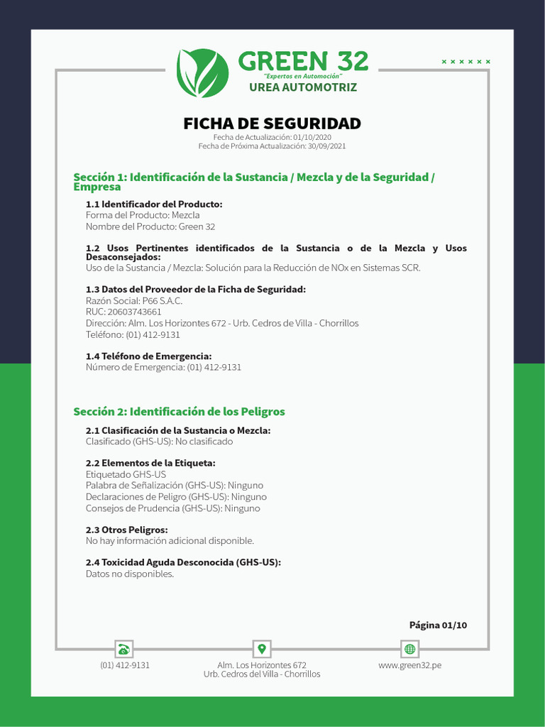 Alm-146. MSDS Urea Automotriz Green 32 | PDF | Agua | Primeros auxilios