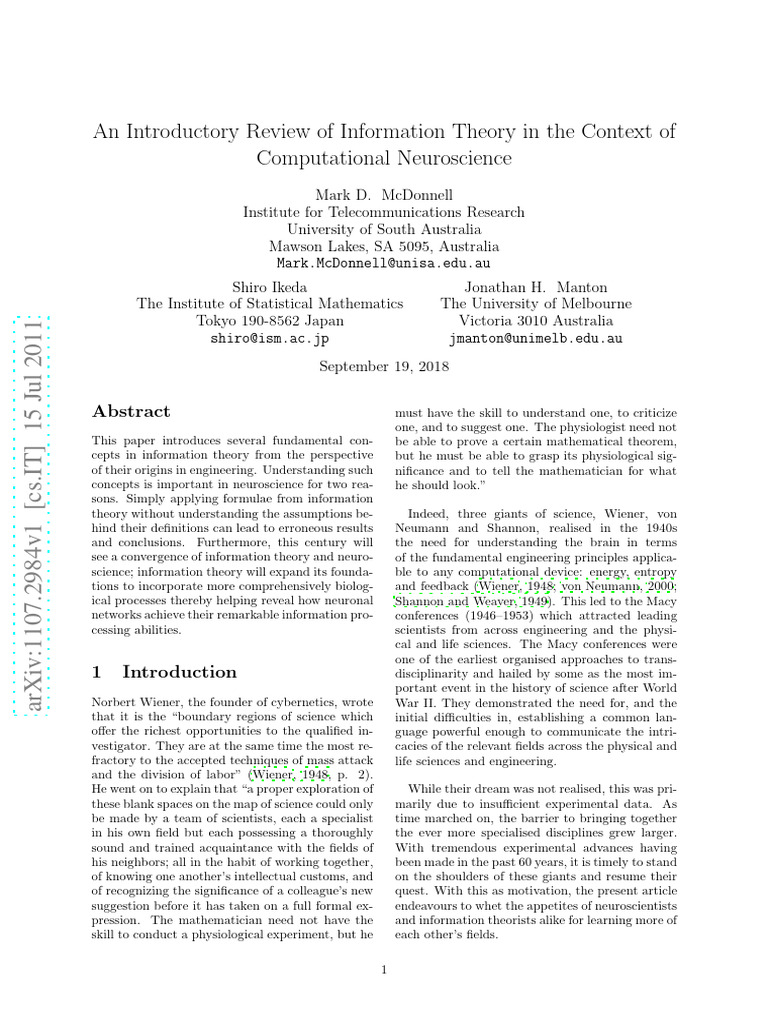 An Introductory Review of Information Theory in The Context of ...