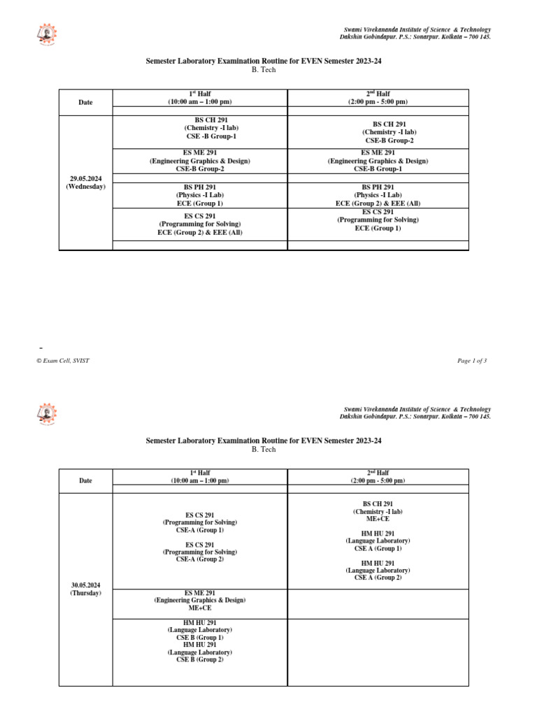 Semester Lab Routine Even Sem 2023 2024 First Year | PDF | Physical ...