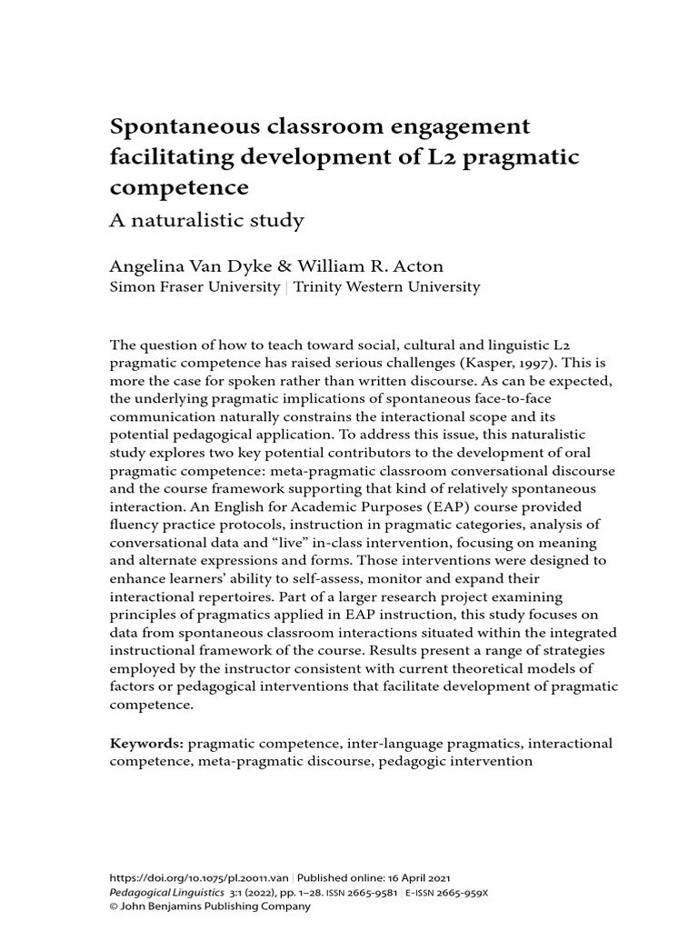 Spontaneous Classroom Engagement Facilitating Development of L2 ...