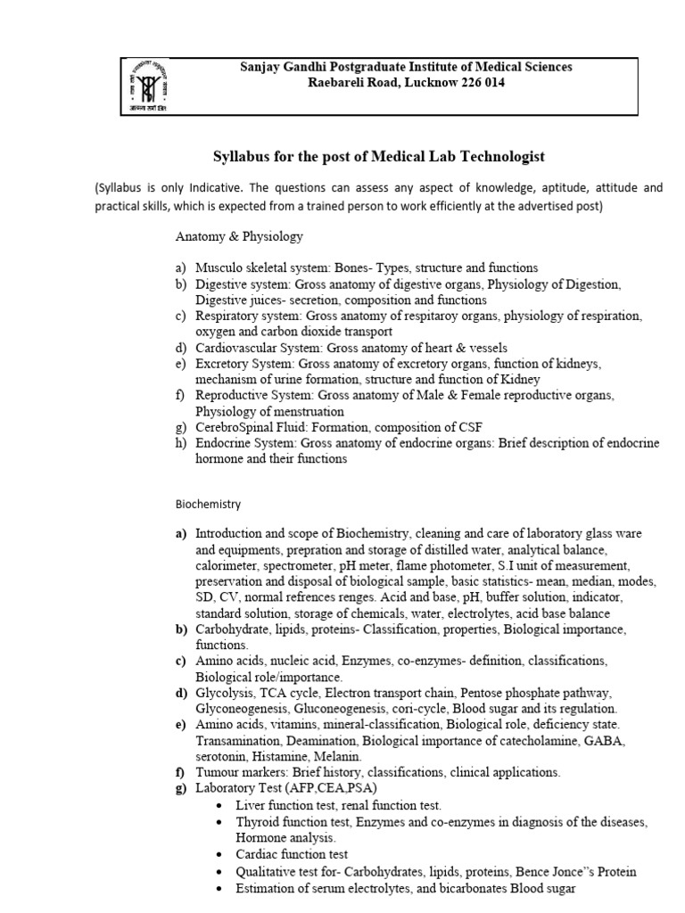 SGPGI SYLLABUS Medical Lab Technologist | PDF | Cytopathology | Staining