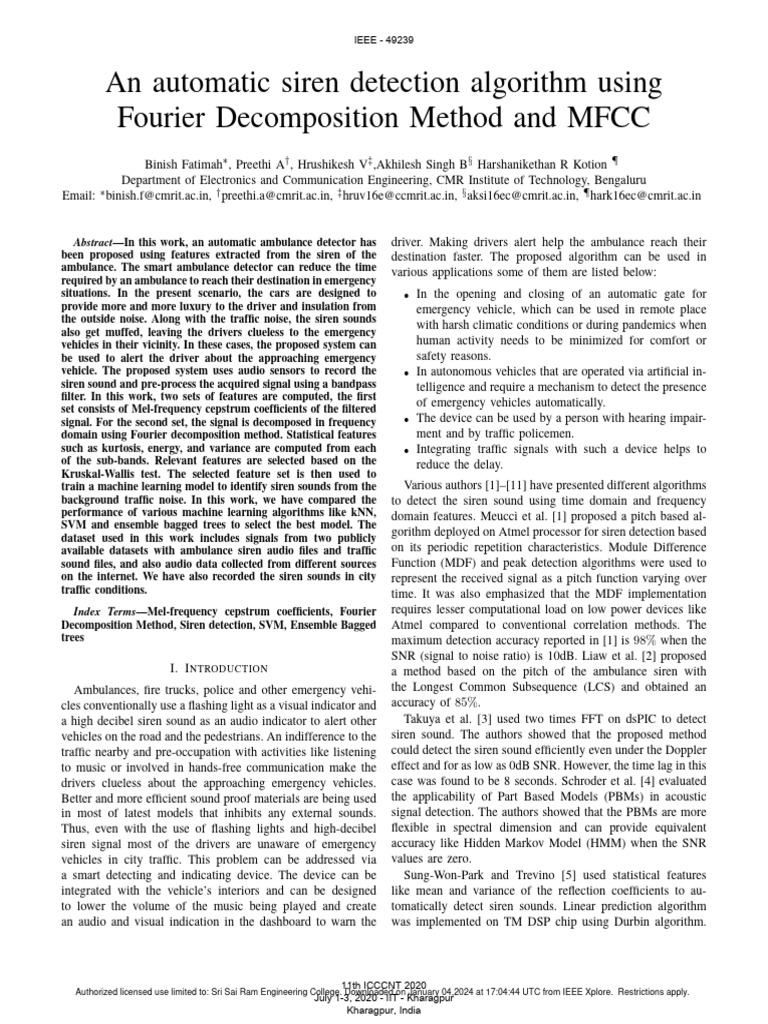 An Automatic Siren Detection Algorithm Using Fourier Decomposition Method and MFCC | PDF ...