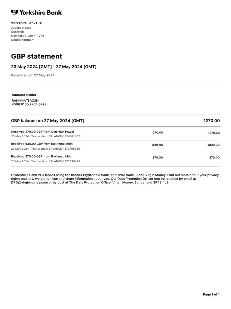 Yorkshire Bank GBP Statement May 2024 | PDF