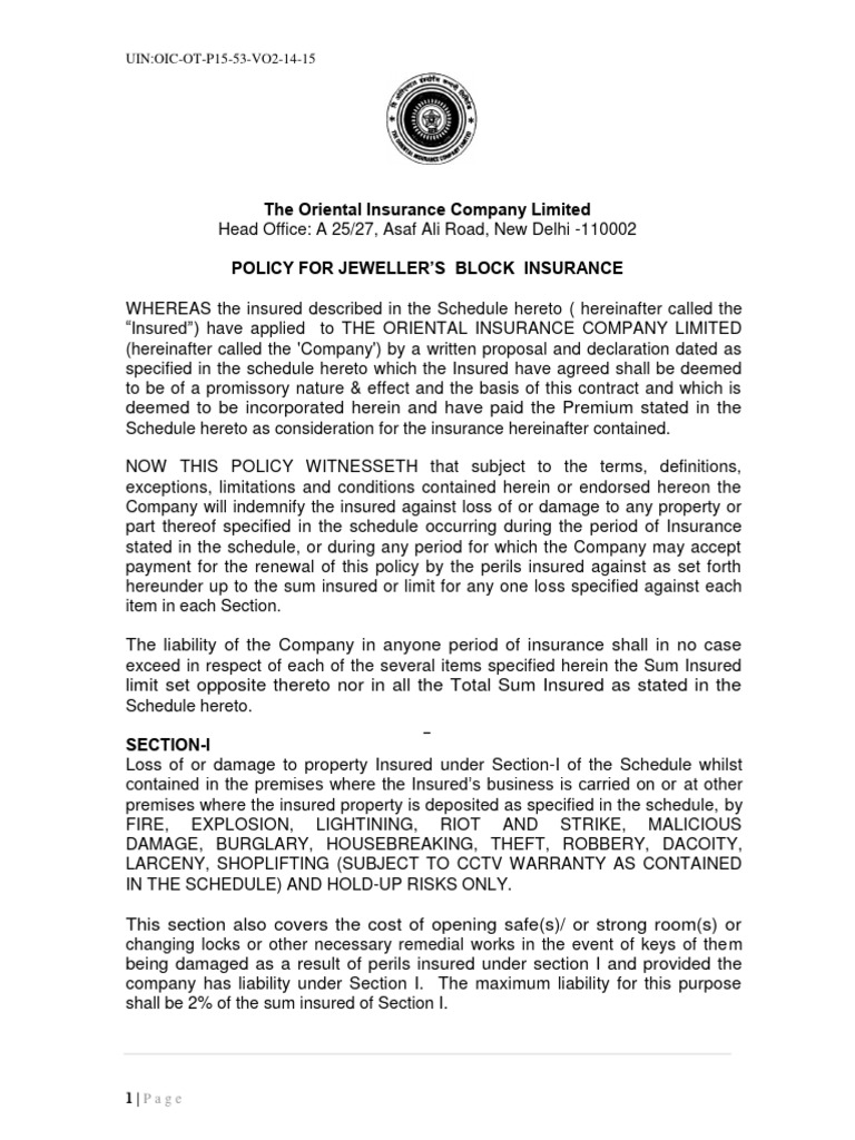 Jeweller's Block Insurance Policy Details | PDF | Insurance | Indemnity