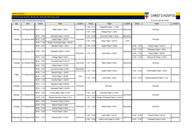 Christ's Hospital Exam Timetable 2024 | PDF