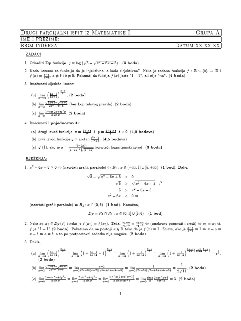 Drugi Parcijalni Ispit Iz Matematike I Grupa A Ime I Prezime: Broj ...