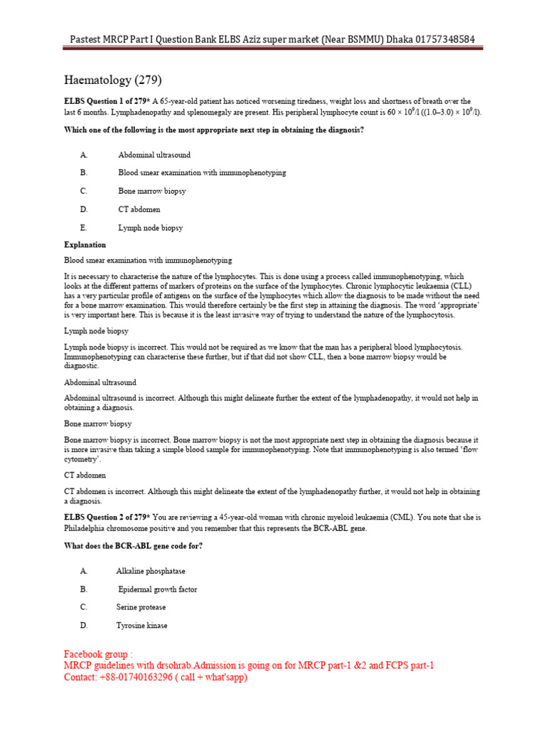 MRCP Part 1 Question Bank Overview | PDF | Leukemia | Tyrosine Kinase
