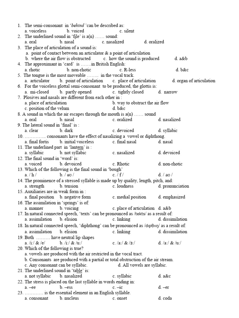 Phonetics and Phonology Quiz Questions | PDF | Consonant | Syllable