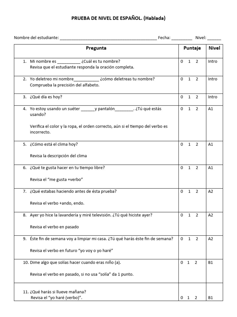 Prueba de Nivel de Español | PDF | Experiencia | Lingüística