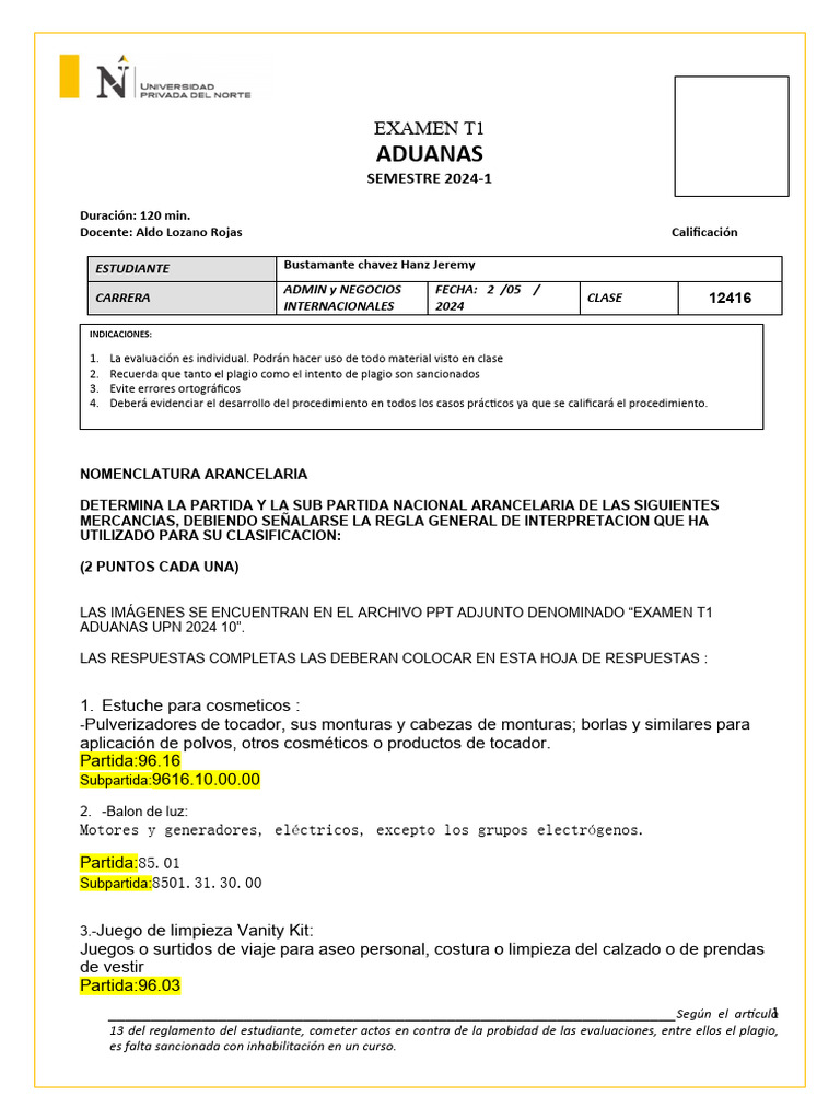 Examen T1 Aduanas Upn 2024 HH | PDF