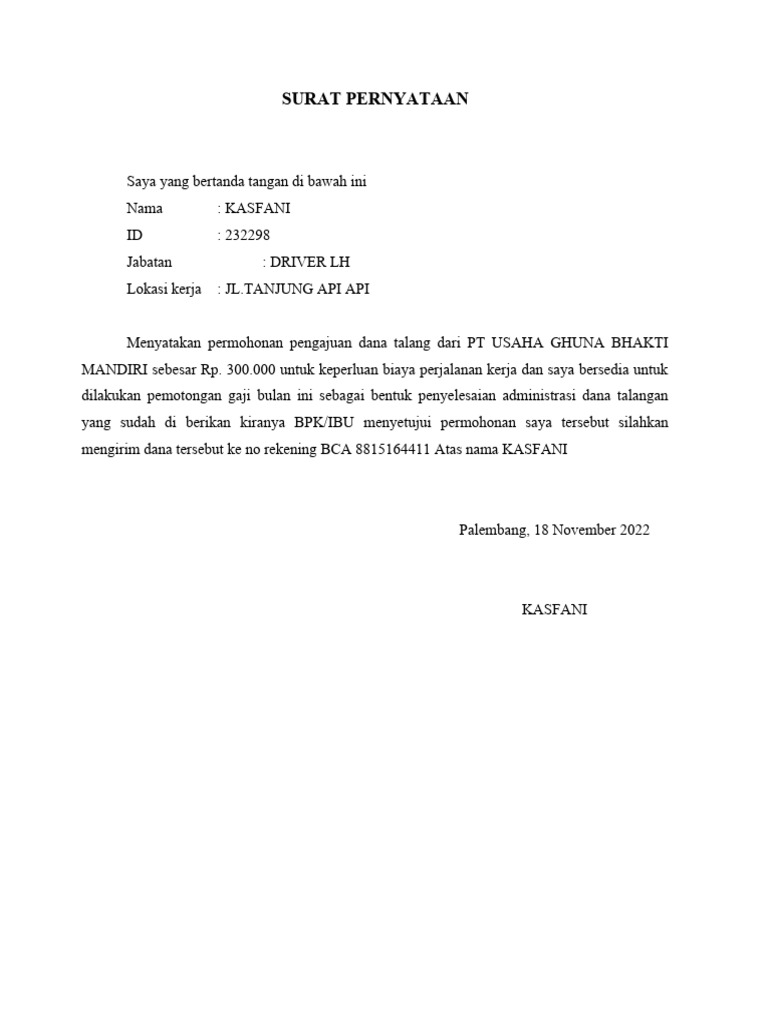 Surat Pernyataan Pengajuan Dana Talangan | PDF