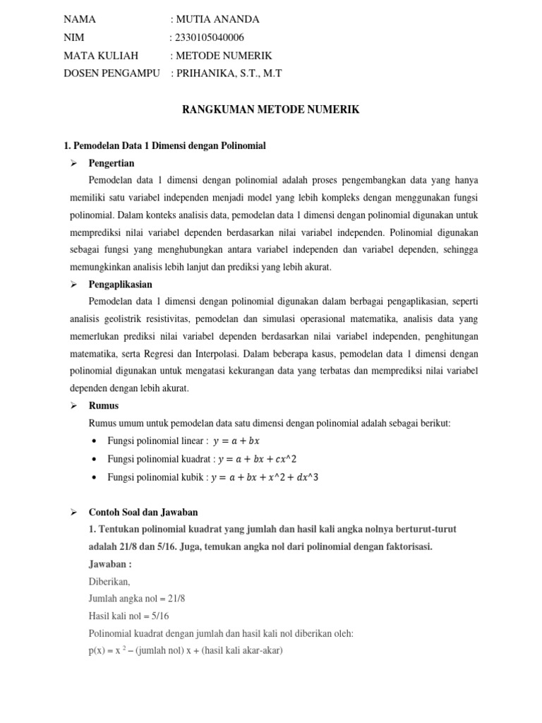 Rangkuman Metode Numerik Mutia Ananda | PDF