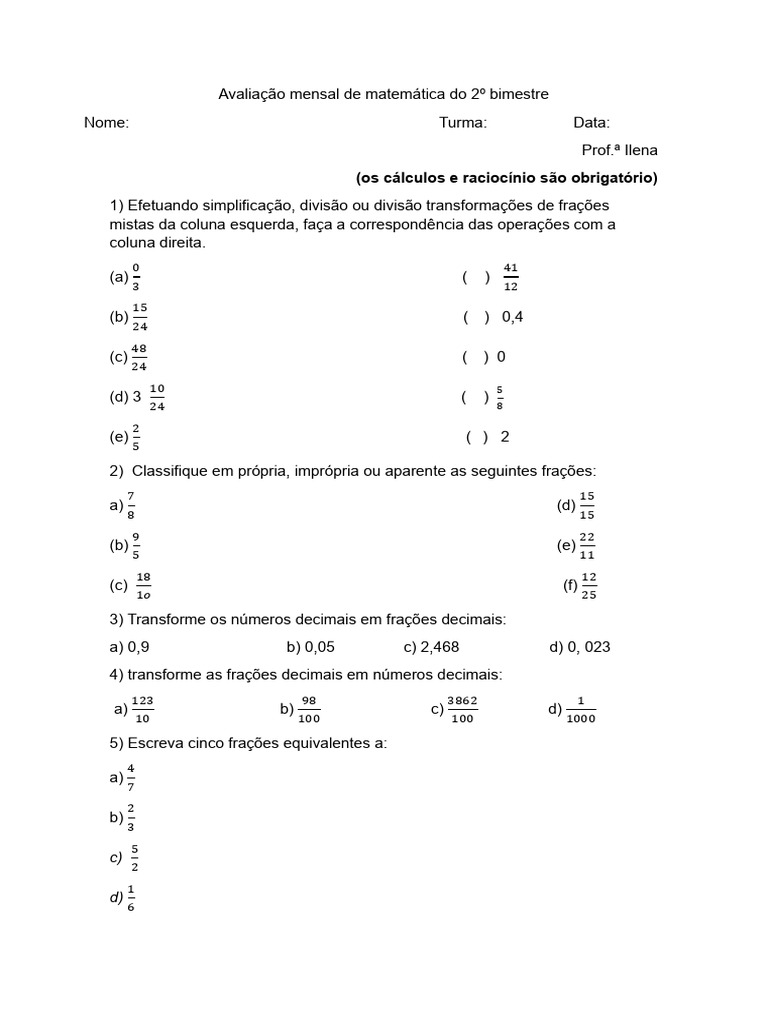 Avaliação Mensal Oitavo Ano 2 Bimestre 2024 | PDF | Aritmética | Matemática