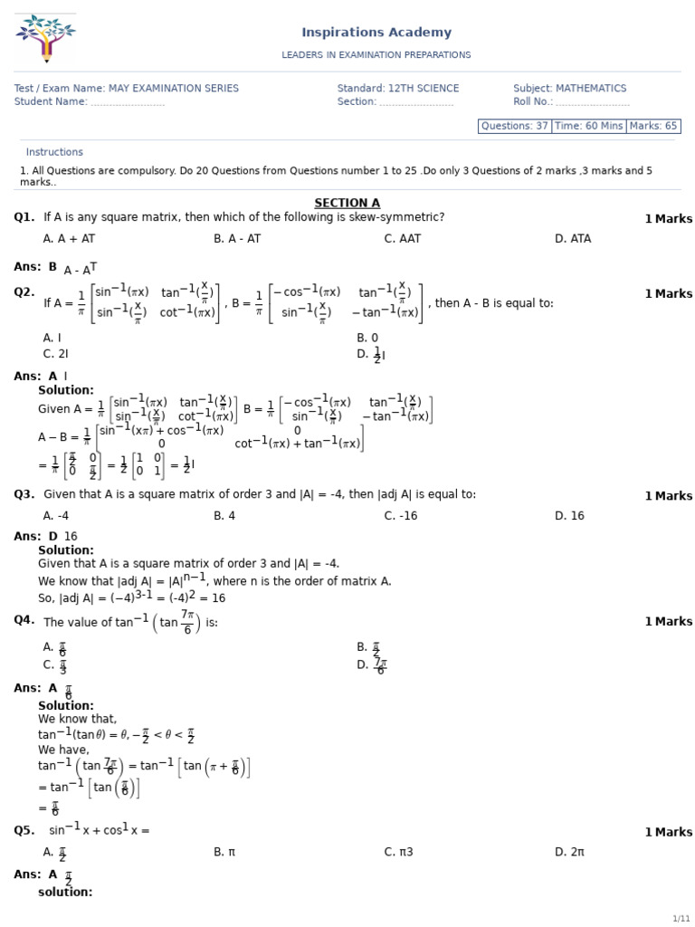 May Examination Series - 12th Science-mathematics-Answersheet | Download Free PDF | Matrix ...