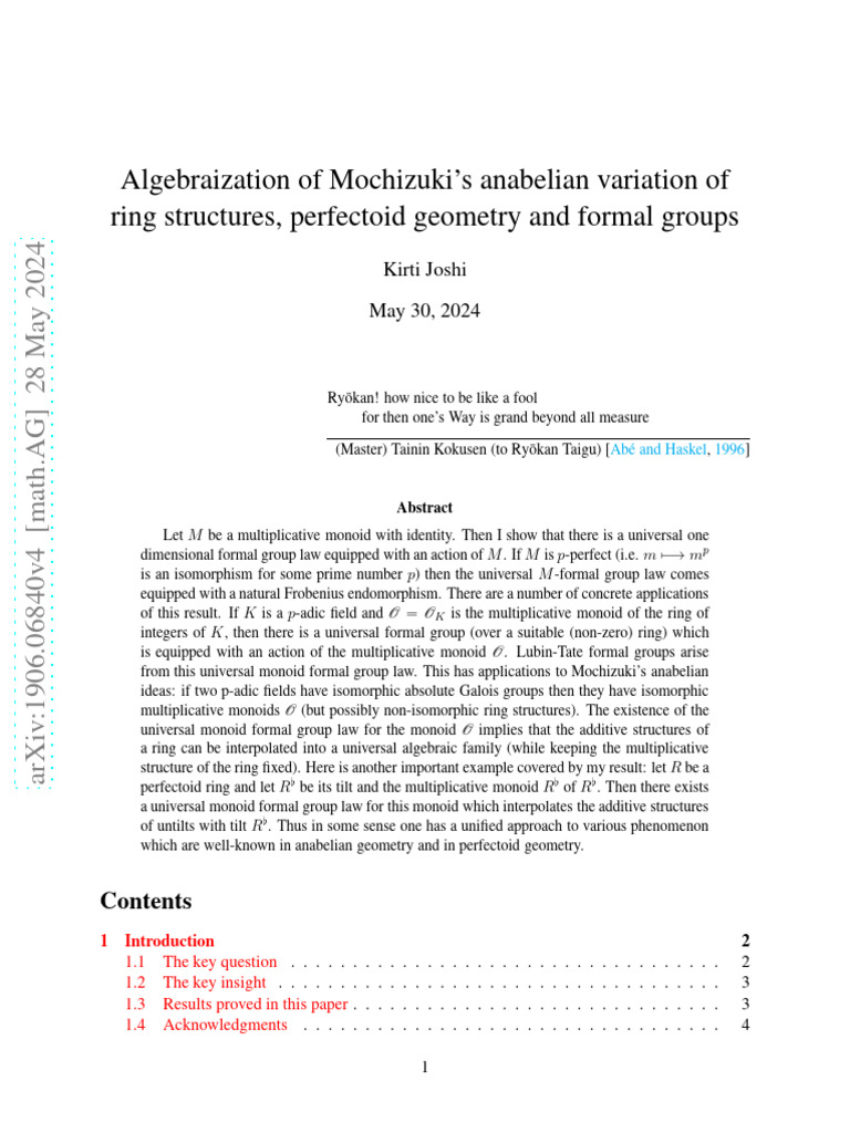 Algebraization of Mochizuki's Anabelian Variation of Ring Structures, Perfectoid Geometry and ...