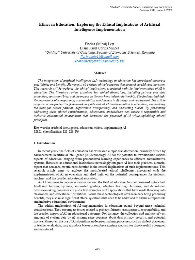 Ethics in Education - Exploring The Ethical Implications of Artificial Intelligence ...