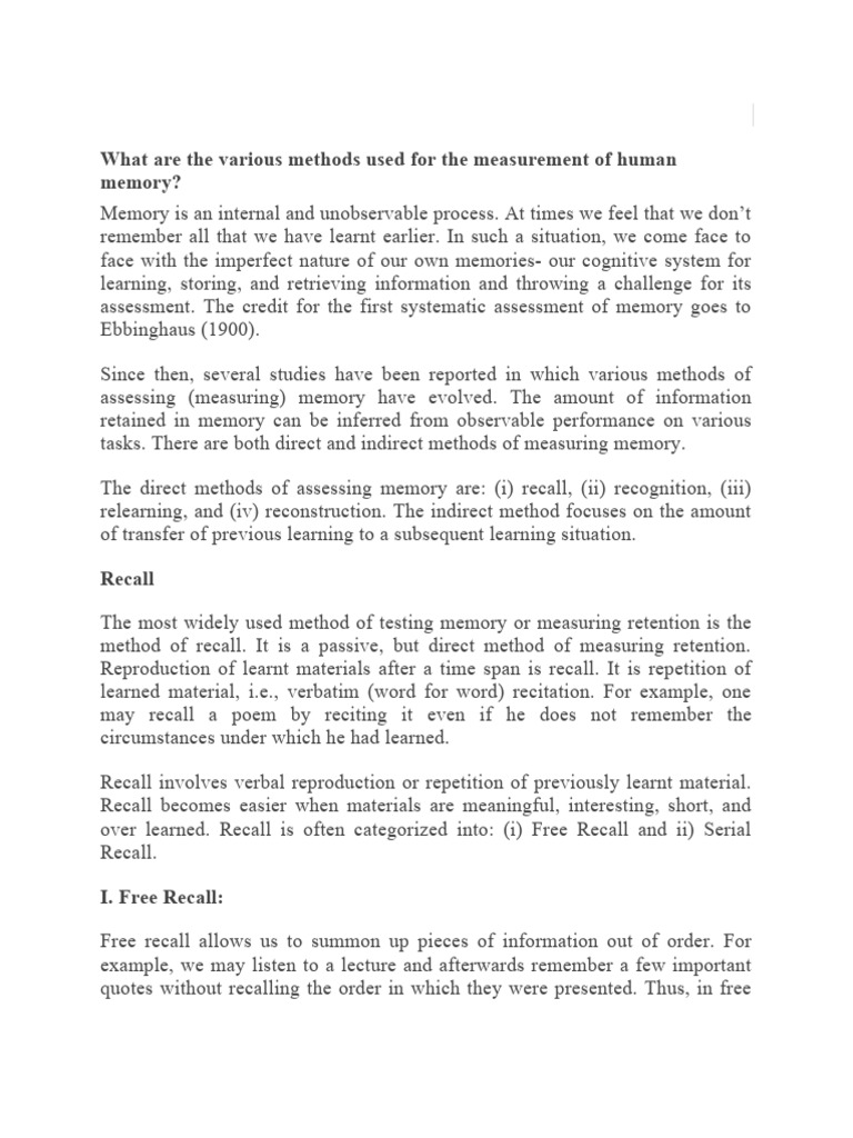Methods Used For The Measurement Of Human Memory Pdf Recall Memory Memory