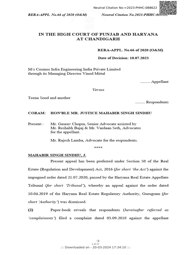 Rera-Appl 66 2020 10 07 2023 Final Order | PDF | Interest | Complaint
