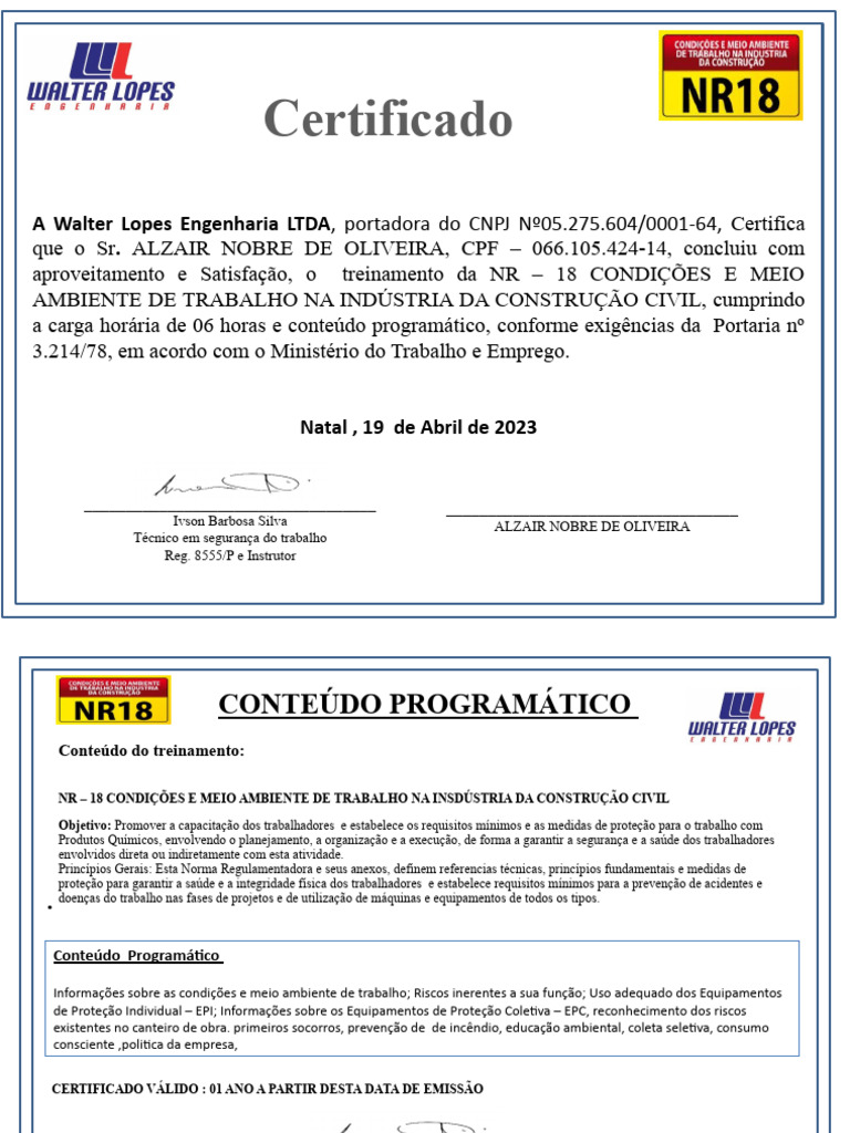 Certificado NR 18 | PDF