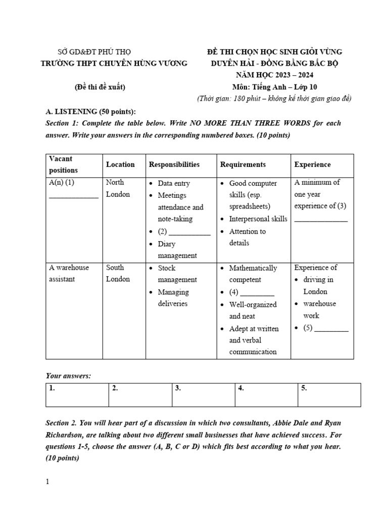 De - de Xuat DHDBBB 2023-Tieng Anh 10-THPT Chuyen Hung Vuong Phu Tho | PDF | Mediterranean Sea ...