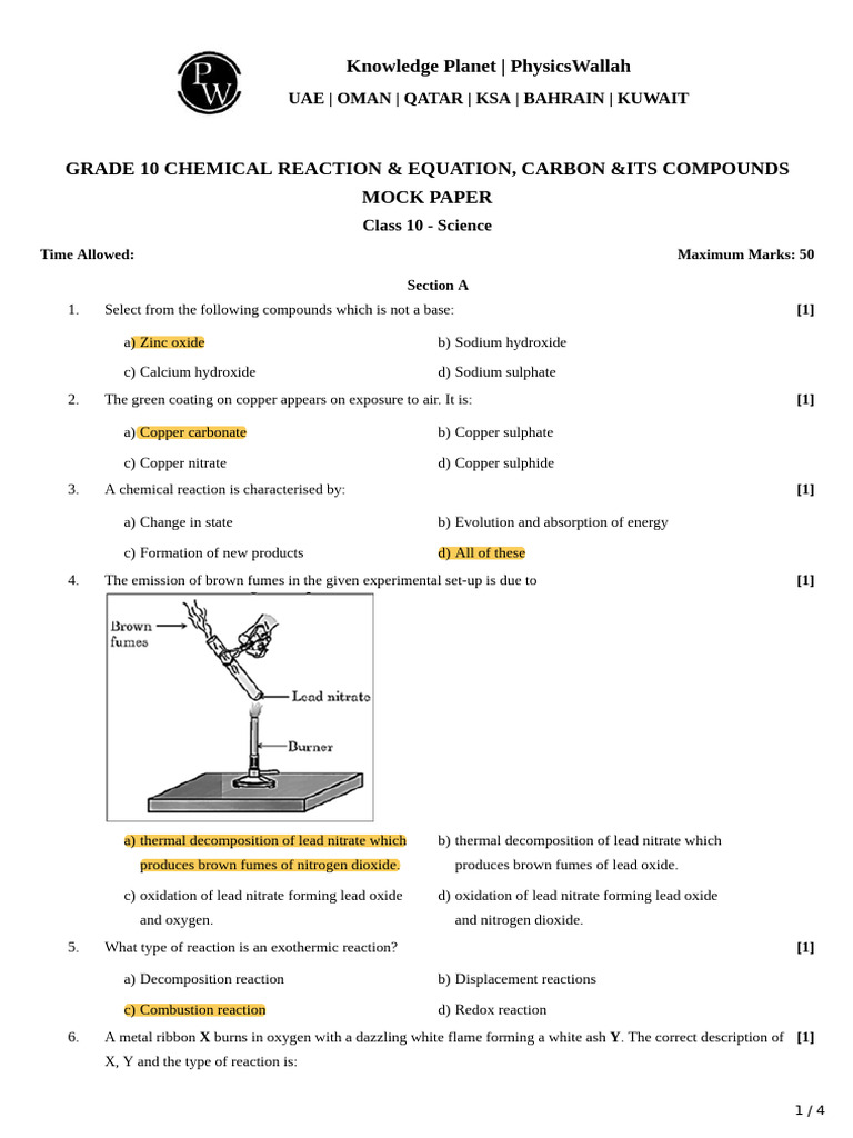 Grade 10 Chemistry Mock Paper | PDF | Chemical Reactions | Oxide