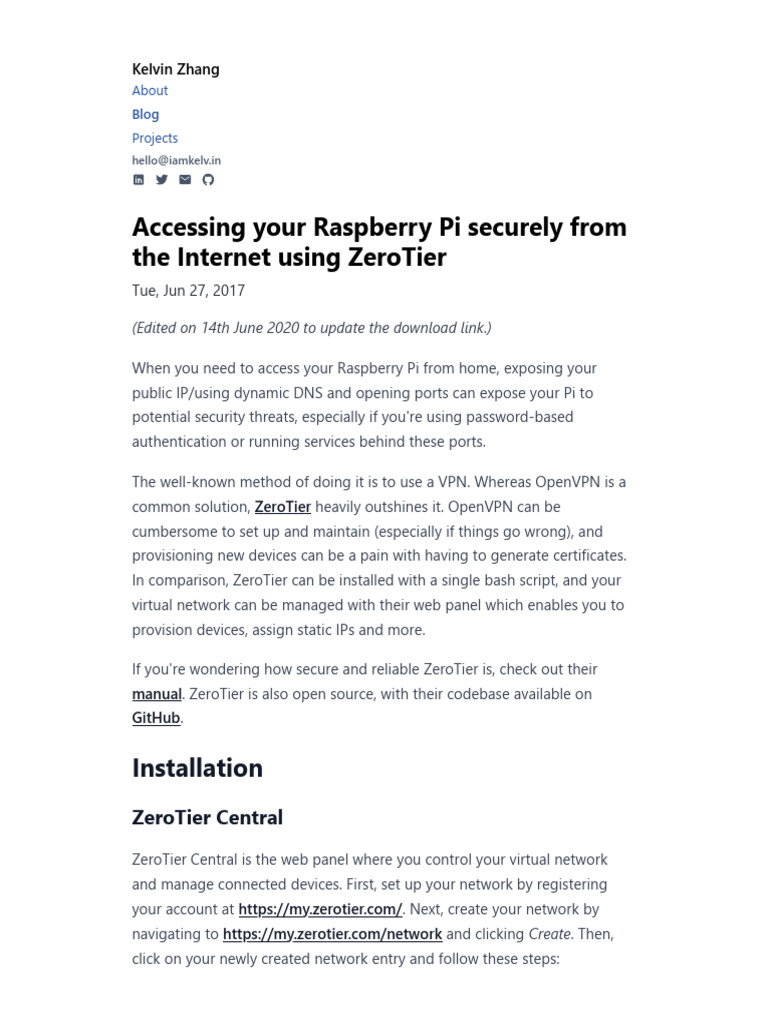 Accessing Your Raspberry Pi Securely From The Internet Using ZeroTier - Kelvin Zhang | PDF ...