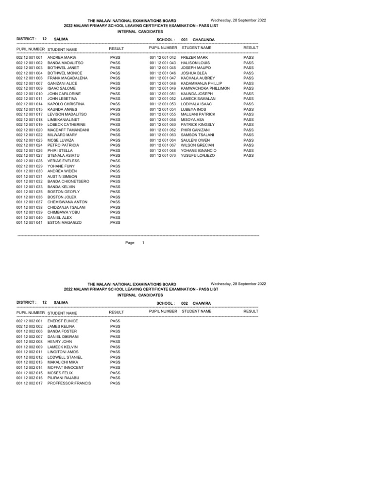 2022 Pslce Salima Pass-List | PDF | Student Assessment And Evaluation ...