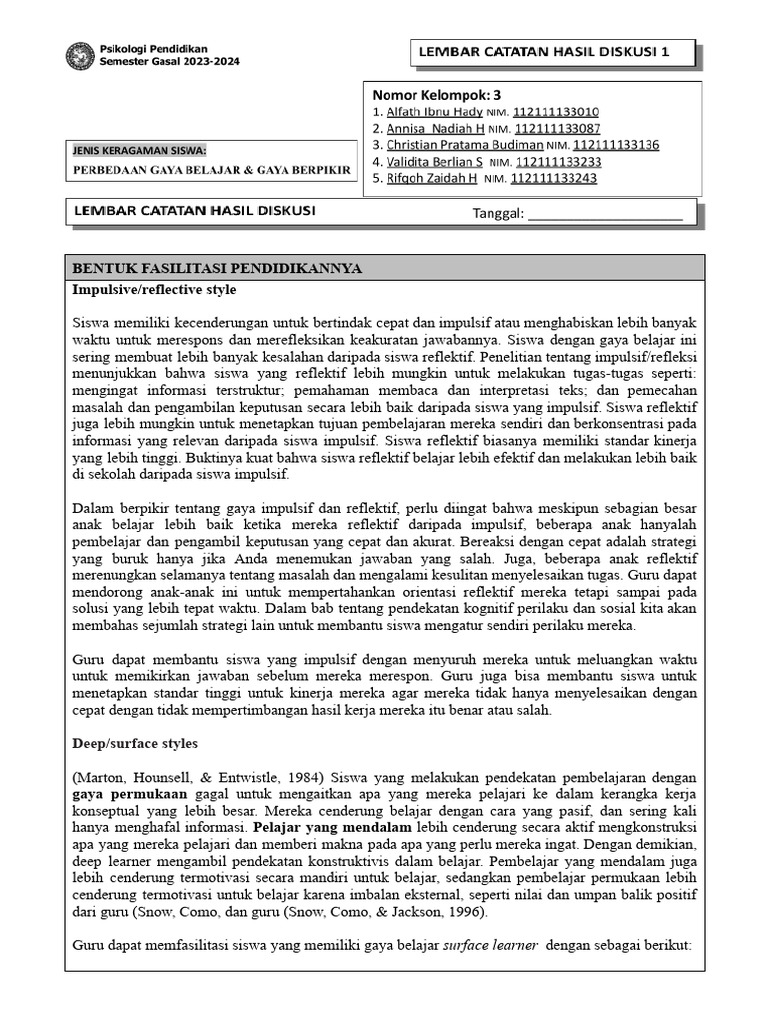 Lembar - Catatan - Hasil - Diskusi - 05 - Kelompok 3 (Keragaman - Siswa - Dalam - Belajar) | PDF