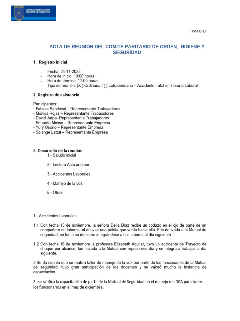 Acta Comité Paritario Noviembre 2023 | PDF | Derecho