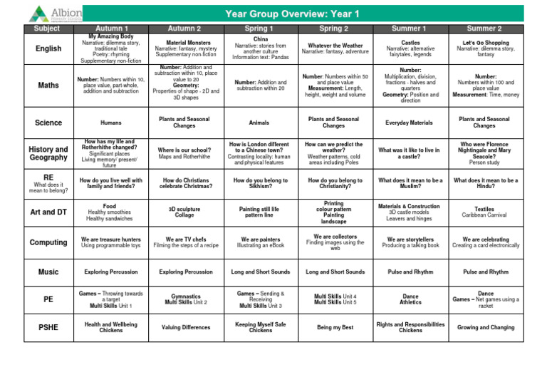 Year 1 Curriculum Overview | PDF