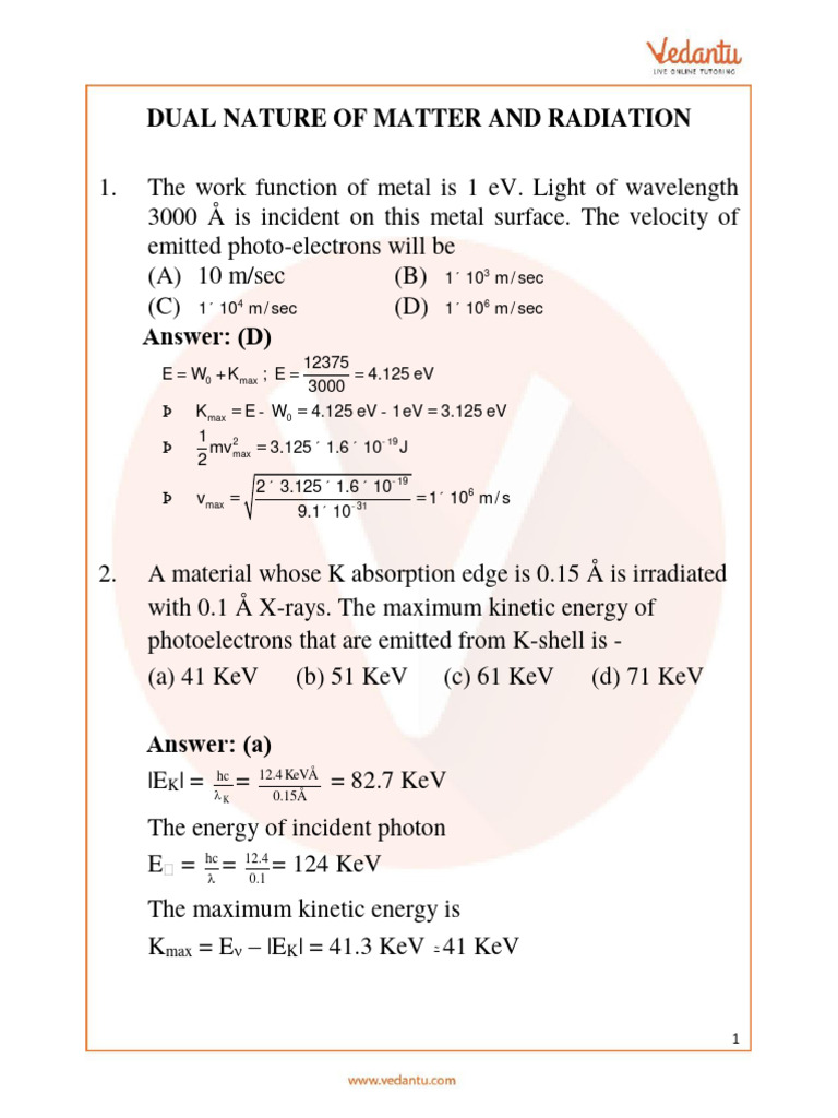 NEET Dual Nature of Matter and Radiation Important Questions | PDF ...