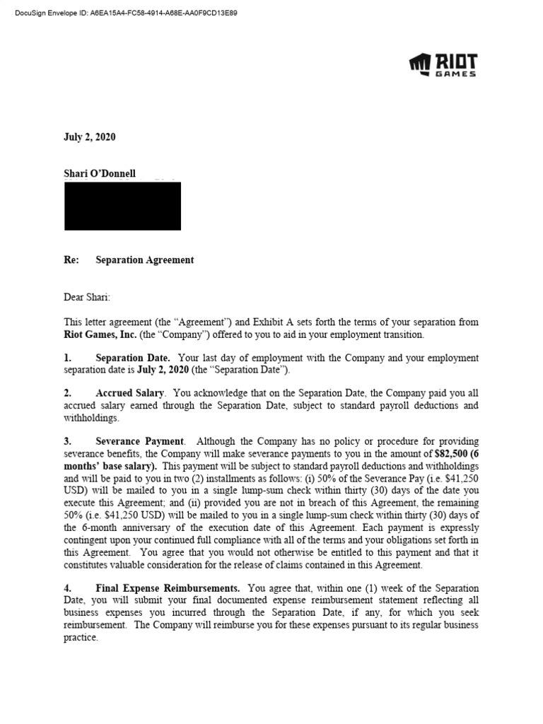 Unsigned Separation Agreement - Shari O'Donnell | PDF | Non Disclosure ...