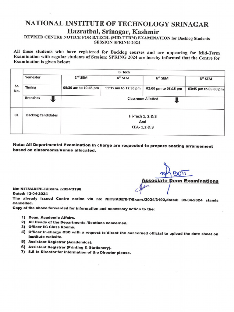 CENTRE NOTICE FOR BACKLOG STUDENTS OF B.TECH FOR MID-TERM EXAMINATION ...