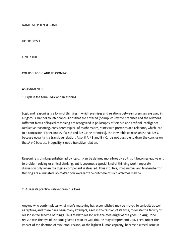 Logic & Reasoning Assignment 1-WPS Office | PDF | Reason | Thought