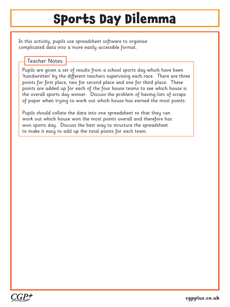 Spreadsheets Sports Day Dilemma (Years 5-6) Full Colour - CO2WAT133 ...