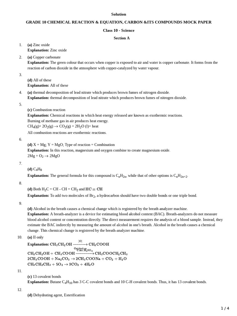 Grade 10 Chemical Reaction & Equation, Carbon &its Compounds Mock Paper ...
