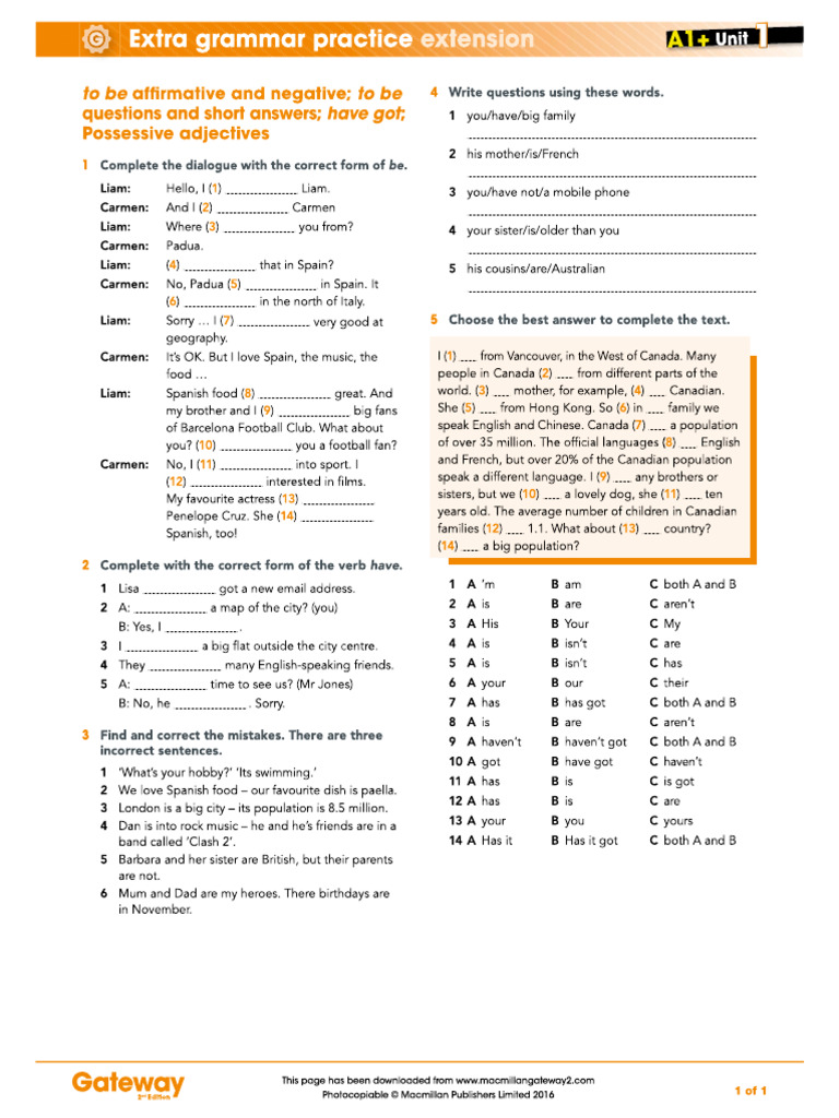 Extra Grammar Practice Unit 1 | PDF