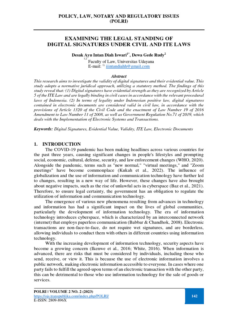 Validity of Digital Signatures in Indonesia | PDF | Evidence (Law ...