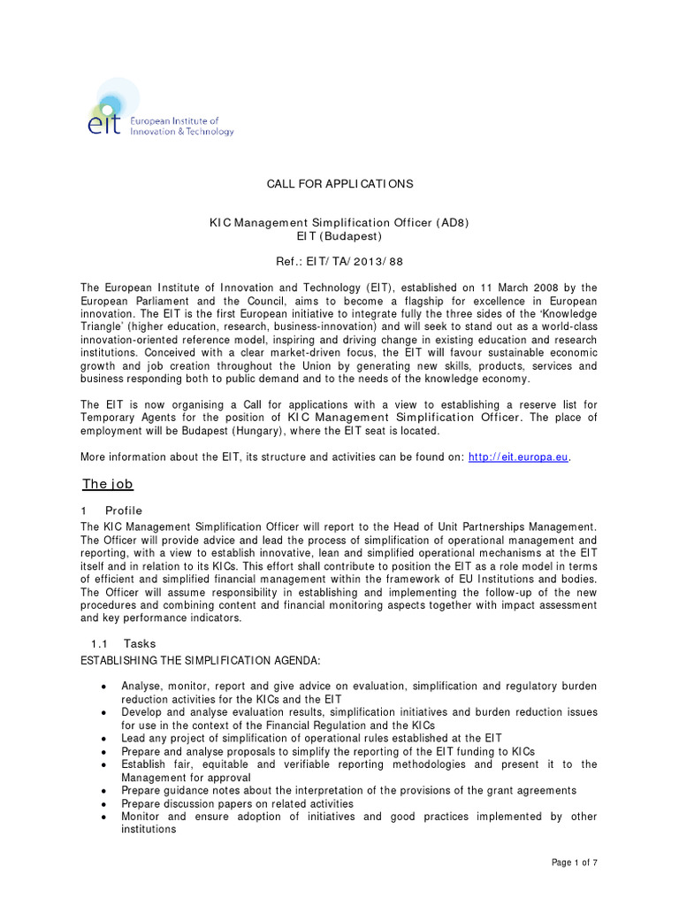 EIT Call For Applications - KIC Management Simplification Officer AD8 ...