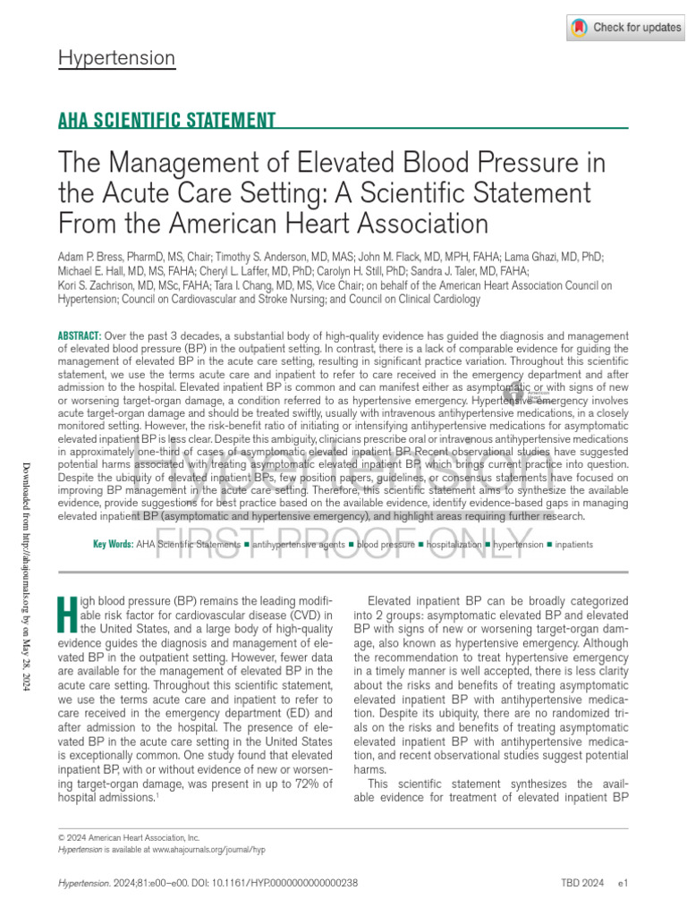 Bress Et Al 2024 The Management of Elevated Blood Pressure in The Acute Care Setting A ...