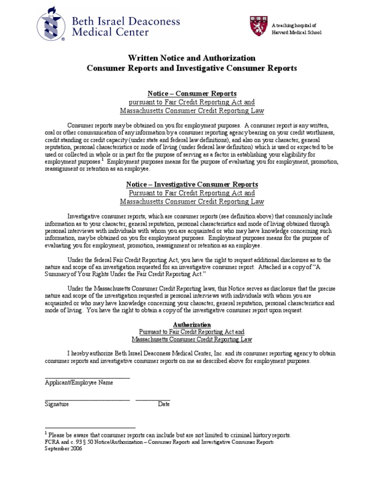 Microsoft Word - BIDMC FCRA Form - 09-06 | Download Free PDF ...