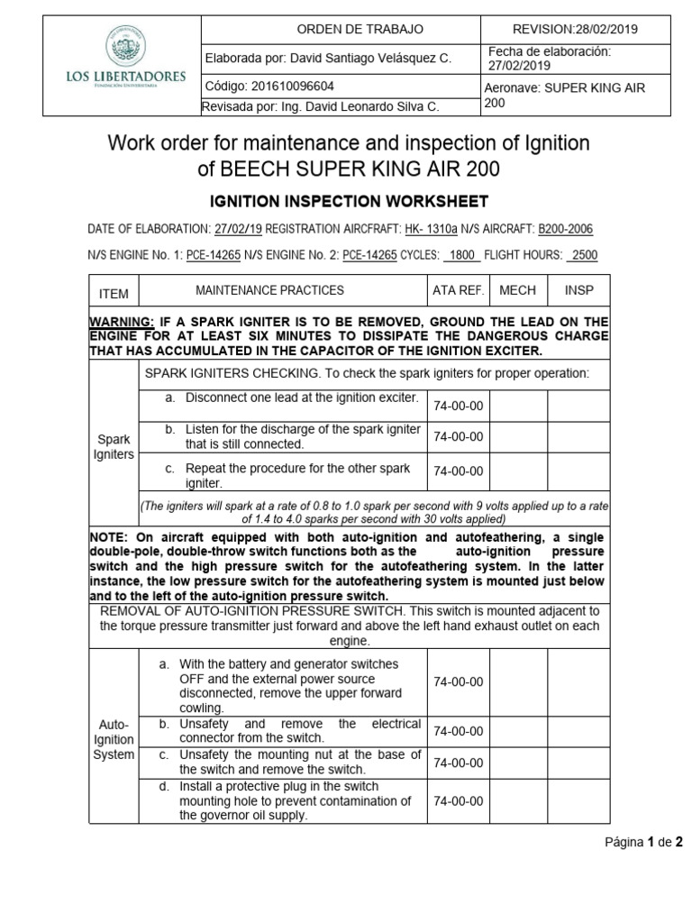 Work Order Ignition System B200 - David Velasquez - Ing Manteniemiento ...