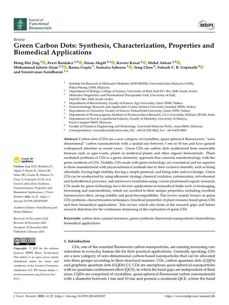 Green Carbon Dots Synthesis, Characterization, Properties and ... Green Carbon Dots Synthesis, Characterization, Properties and ...