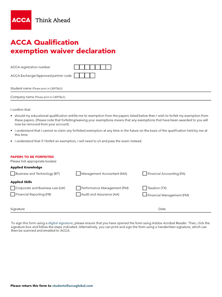 ACCA Exemption Waiver Declaration Form | PDF