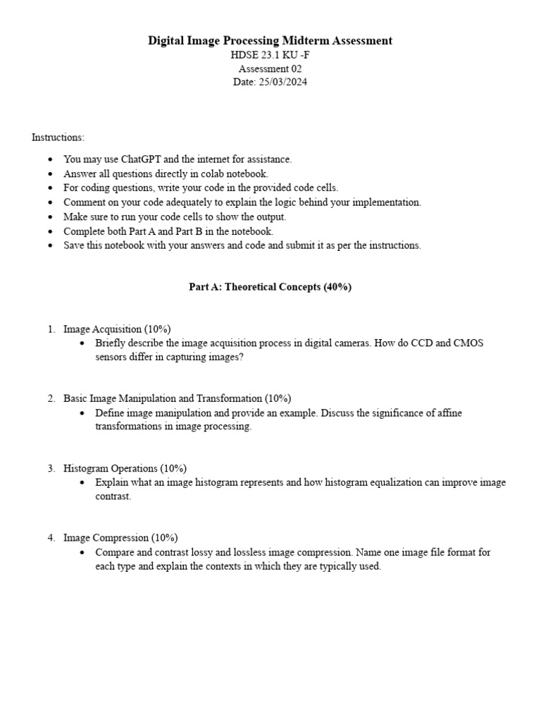 Digital Image Processing Midterm Assessment 2 | Download Free PDF | Data Compression | Image Editing